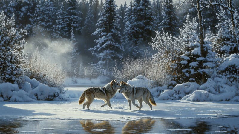 Two Wolves Interacting in a Snowy Forest Landscape Stock Illustration ...