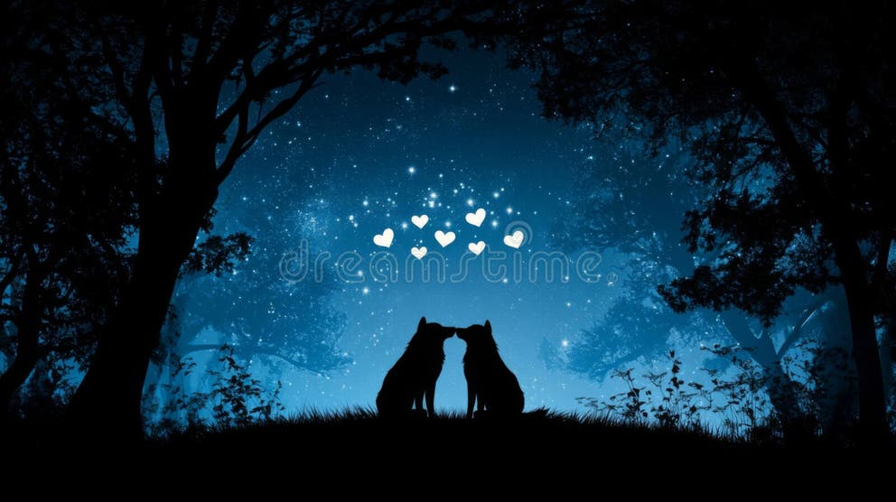 Two Wolves Kissing Underneath a Starlit Night Sky Stock Illustration ...