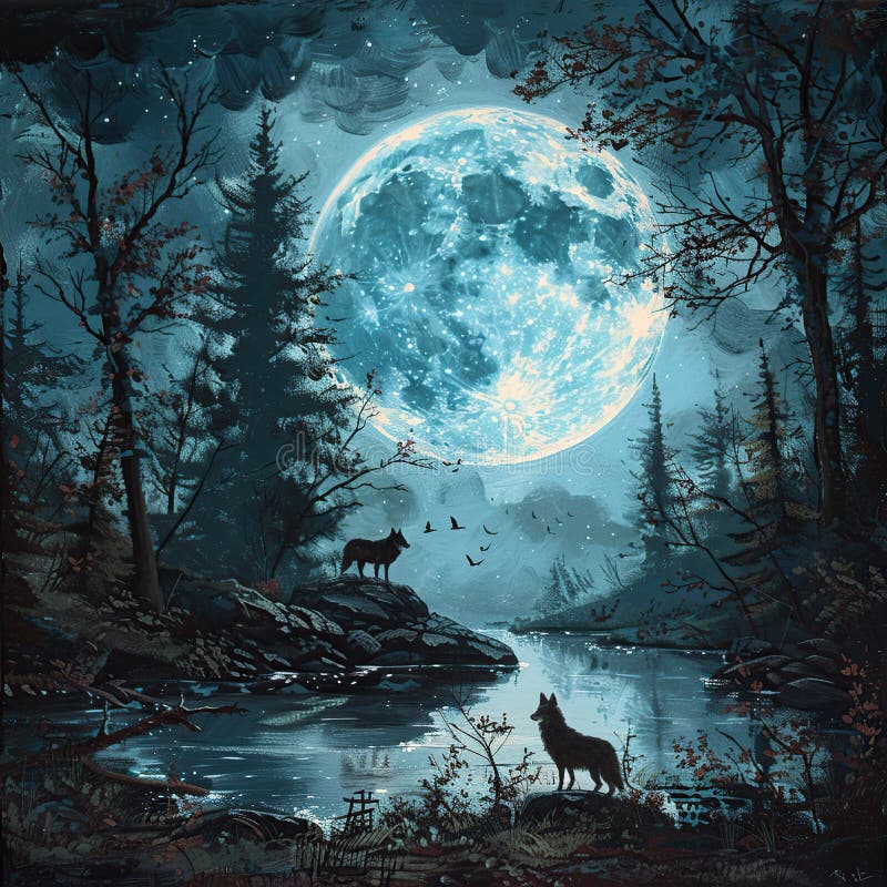 Two Wolves Moonlit Forest Stock Photos - Free & Royalty-Free Stock ...