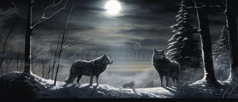 Two Wolves at Night in a Winter Forest Against the Backdrop of the Moon ...