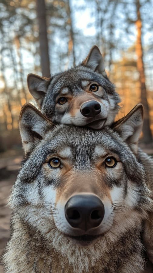 Two Wolves Resting Closely Together in a Serene Forest Setting during ...
