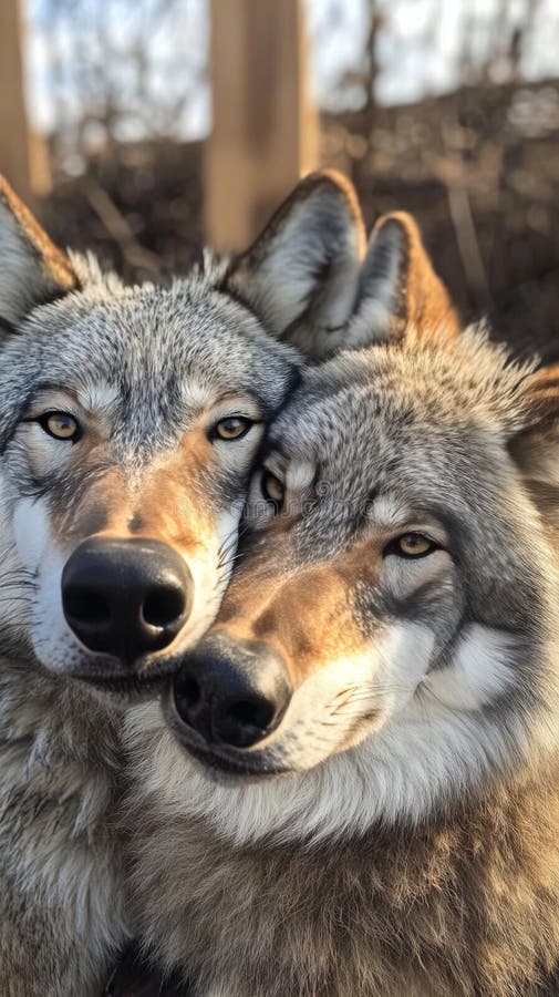 Two Wolves Resting Closely Together in a Serene Forest Setting during ...