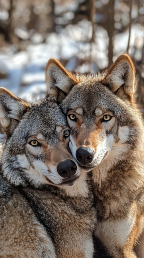 Two Wolves Resting Closely Together in a Serene Forest Setting during ...