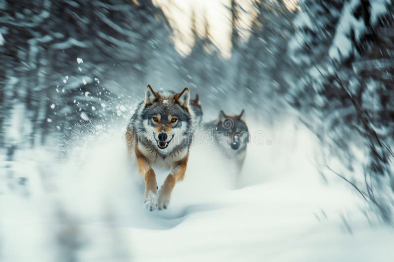 Two Wolves Running in Snowy Forest with Motion Blur Effect Stock ...