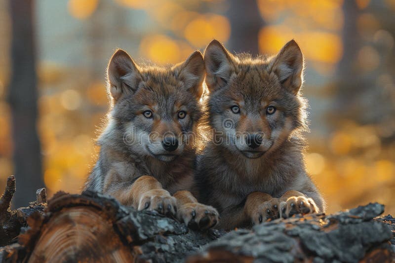 Two Wolves Sitting on a Log in the Autumn Forest Looking at the Camera ...