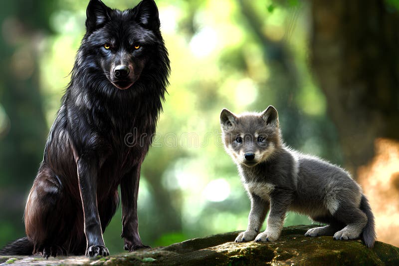 Two Wolves Sitting on a Rock in the Forest and Looking at the Camera ...