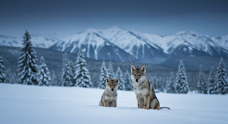 Two Wolves Sitting in Snowy Field with Mountain Backdrop Stock ...