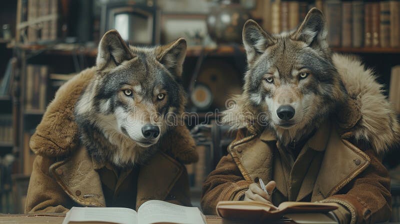 Two Wolves Reading in a Library Stock Illustration - Illustration of ...