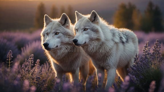Majestic Arctic Wolves at Sunset in Lavender Field Stock Illustration ...