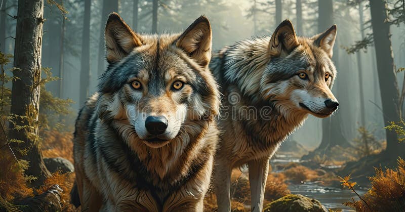 Two Wolves are Standing in a Forest, One on the Left and One on the ...