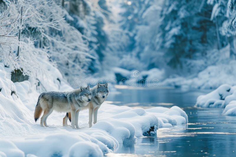 Wolves in a Winter Landscape Stock Illustration - Illustration of ocean ...