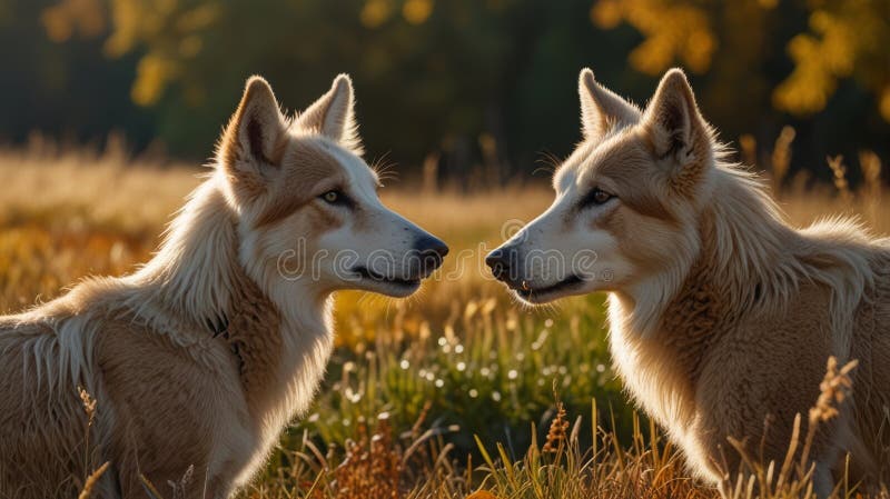 Two Wolves Staring at Each Other in a Field Stock Image - Image of ...
