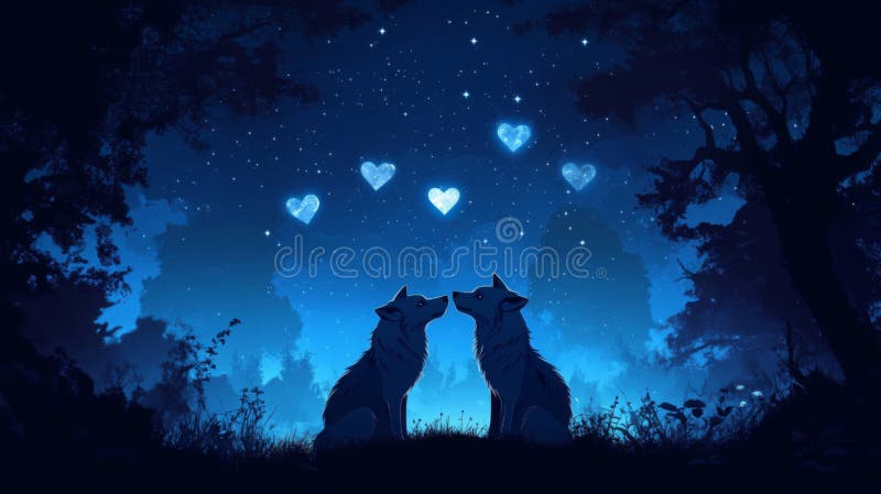 Two Wolves Underneath a Starry Night Sky with Hearts Stock Illustration ...
