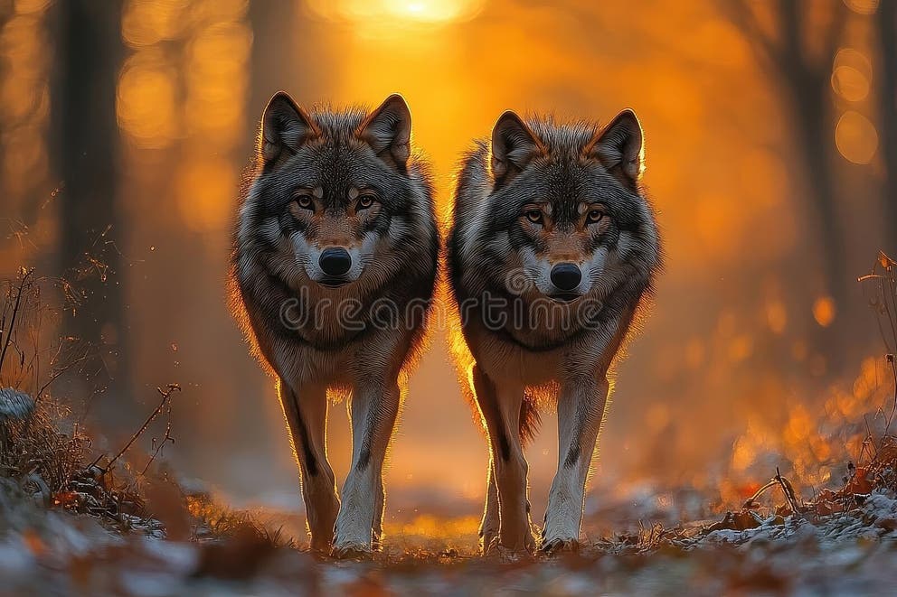 Two Wolves Walk Towards the Sunset in a Forest Stock Illustration ...