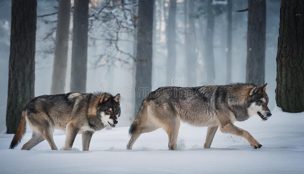 Two Wolves Walking through the Snow in a Forest Stock Illustration ...
