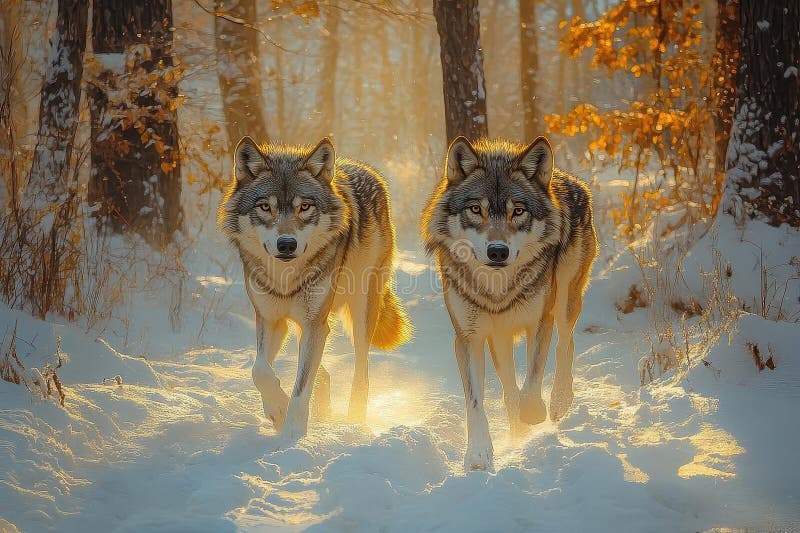 Two Wolves Walking through Snowy Forest Stock Illustration ...