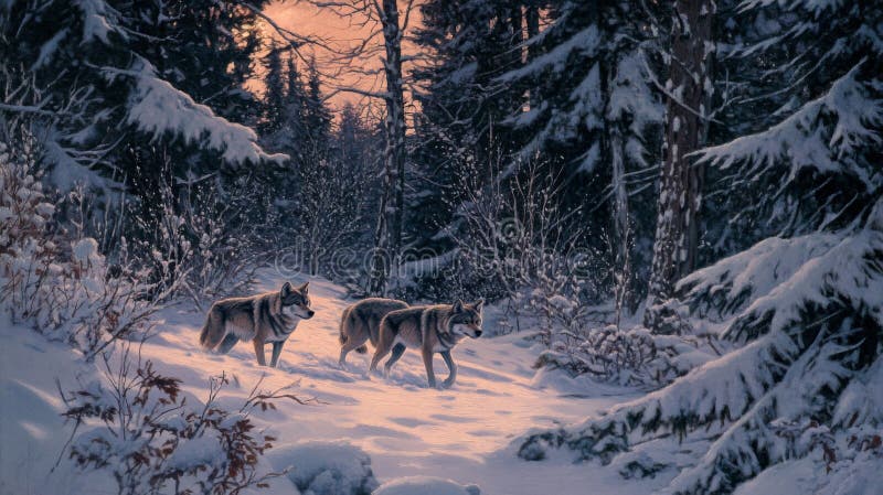 Two Wolves Walking through a Snowy Forest at Dusk Stock Illustration ...