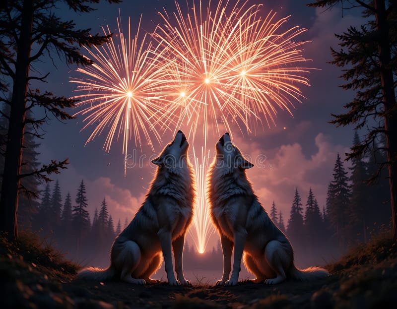 Two Wolves Watching Fireworks Display in Forest Night Stock Photo ...