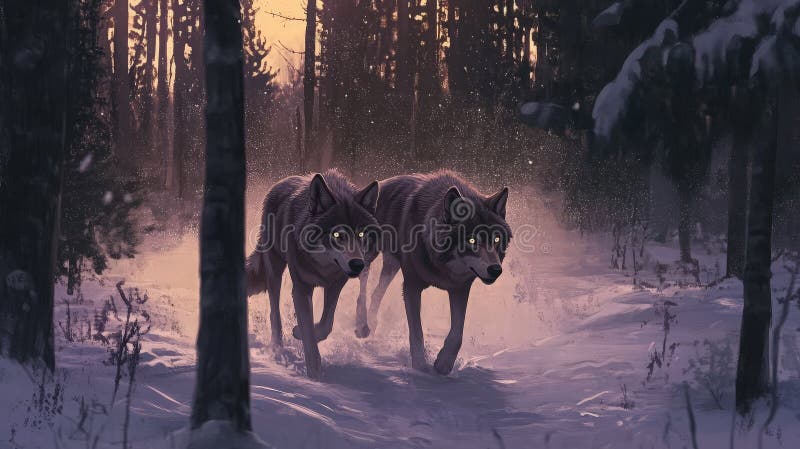 Two Wolves in the Winter Forest Stock Image - Image of sunset, pack ...