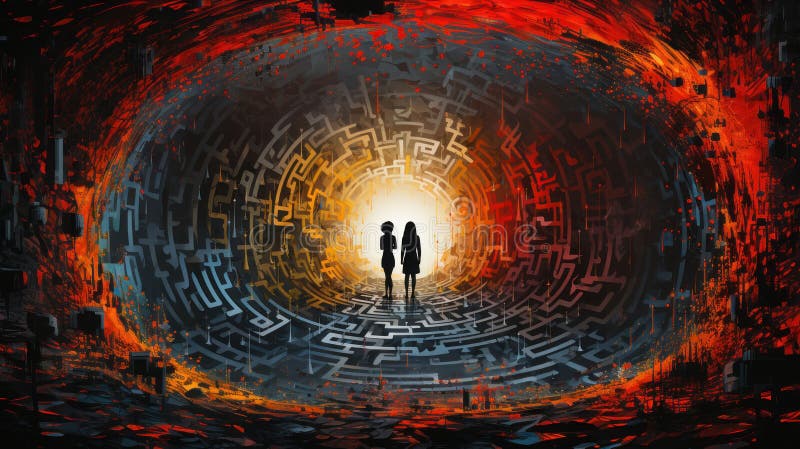 Two Woman Standing in the Middle of a Maze Tunnel with a Light at the ...