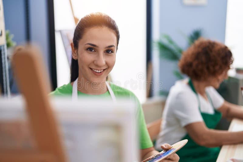 Two Women Artists Smiling Confident Drawing at Art Studio Stock Image ...