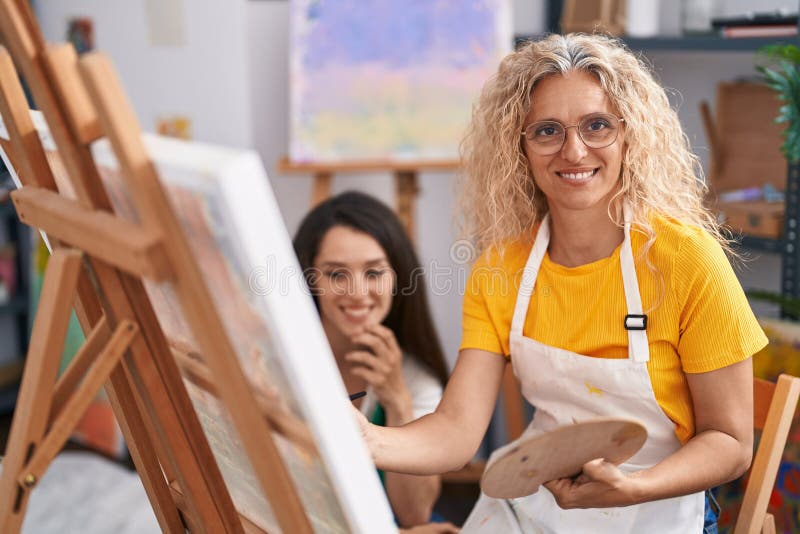Two Women Artists Smiling Confident Drawing at Art Studio Stock Image ...