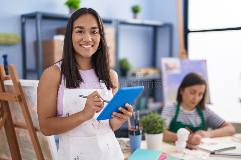 Two Women Artists Using Touchpad Drawing on Notebook at Art Studio ...