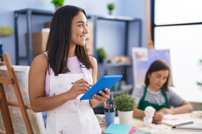 Two Women Artists Using Touchpad Drawing on Notebook at Art Studio ...