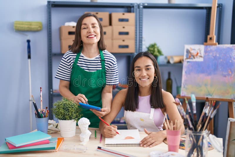 Two Women Artists Using Touchpad Drawing on Notebook at Art Studio ...