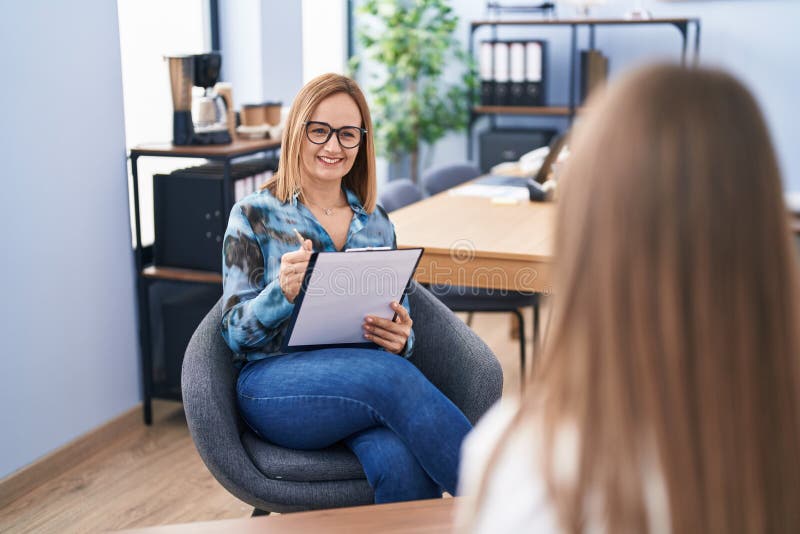 Two Women Business Workers Having Job Interview at Office Stock Image ...