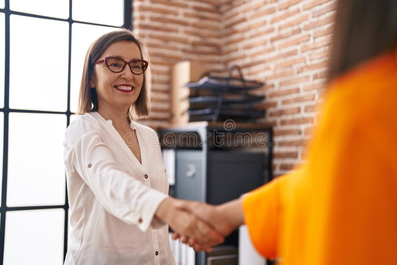 Two Women Business Workers Smiling Confident Shake Hands at Office ...