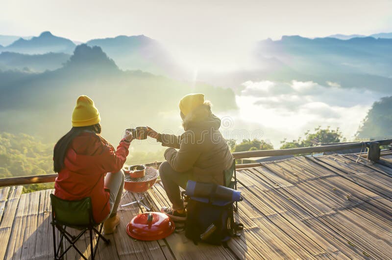 Two Women Camping in the Mountains and Drinking Coffee Stock Image ...