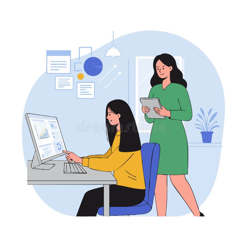 Two Women Collaborating at Computer Desk in Modern Office Environment ...