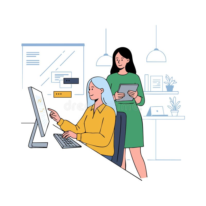 Two Women Collaborating on Computer Screen in Modern Office Workspace ...