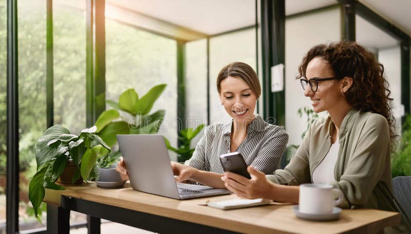 Two Women Collaborating on a Laptop in a Bright Modern Office Setting ...