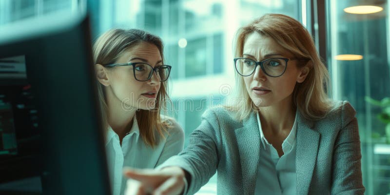 Two Women are Collaborating and Looking at a Computer Screen Together ...