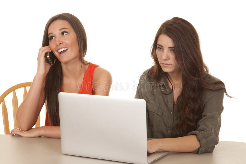 Two Women Computer One Phone Happy Stock Photo - Image of caucasion ...