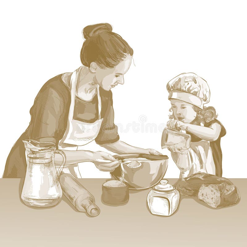 Two Women Cooking in the Kitchen Black and White Vector Sketch, Simple ...