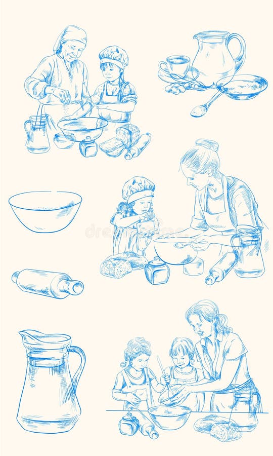 Two Women Cooking in the Kitchen Black and White Vector Sketch, Simple ...