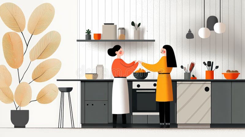 Two Women Cooking Together in a Modern Kitchen with Plants and Utensils ...