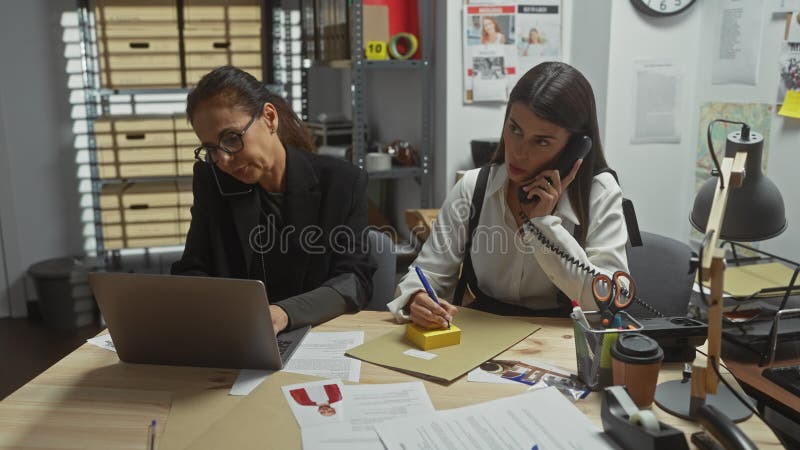 Two Women Detectives Analyzing Documents and Making a Phone Call in a ...