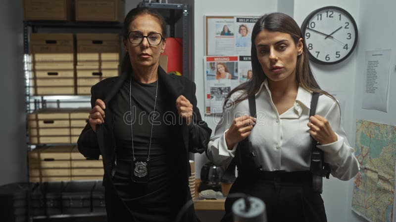 Two Women Detectives in an Office, Badges Visible, Surrounded by Files ...