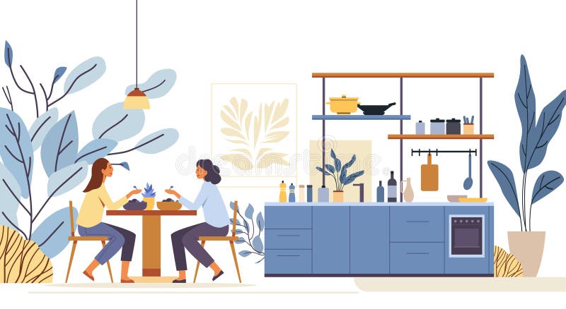Two Women Dining Modern Kitchen Plants. Detailed Kitchen Interior with ...