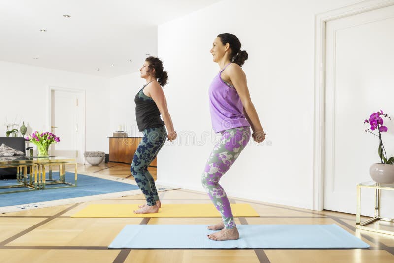 Two Women Doing Yoga at Home Stock Image - Image of attractive, yoga ...