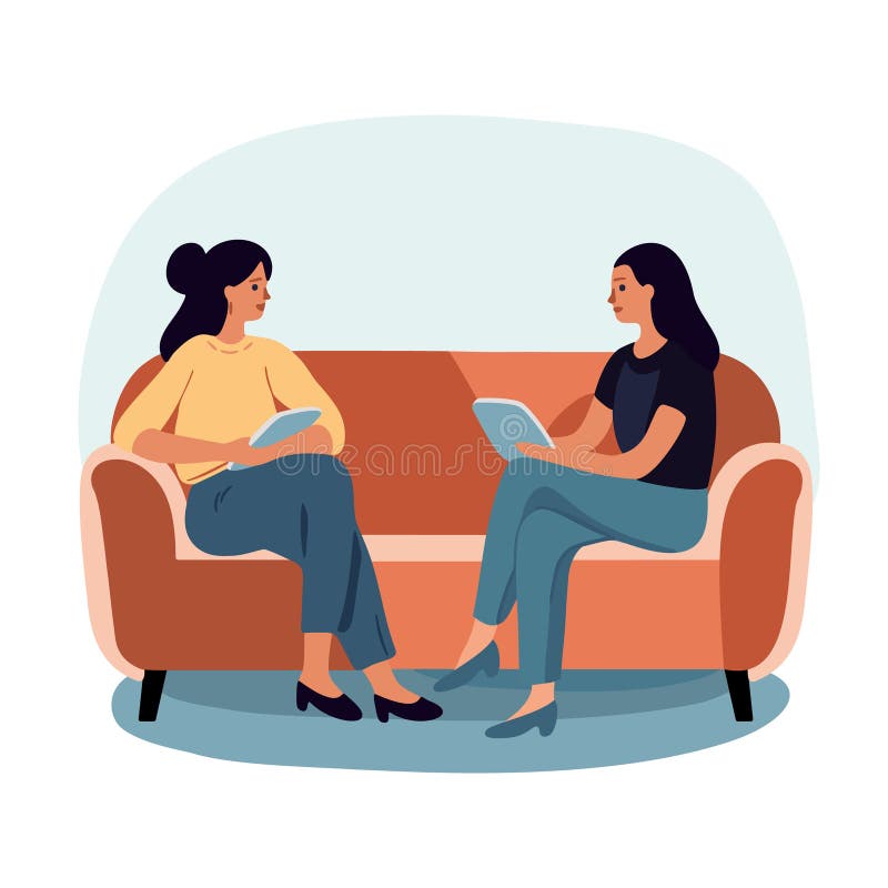 Two Women Dressed Casually Sitting on a Sofa and Having Conversation ...