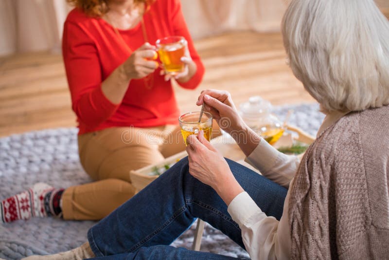 Two women drinking tea stock image. Image of generations - 89645337