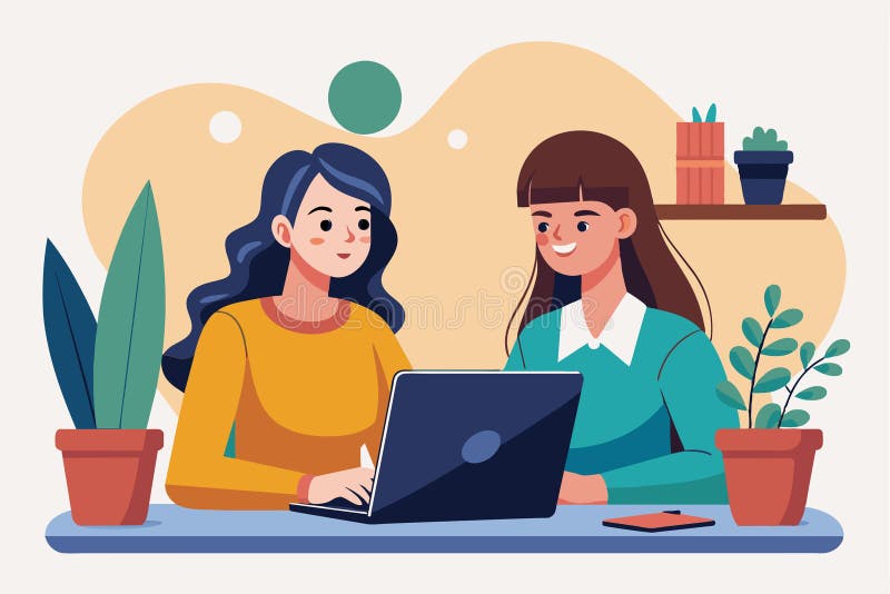 Two Women are Engaged in an Active Discussion while Working Together on a Laptop at a Desk, Two ...