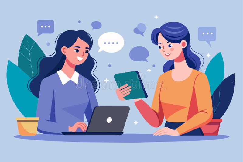 Two Women Engaged in Conversation while Using Laptops and Mobile Phones ...