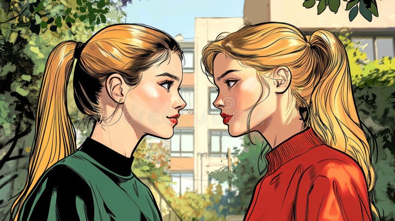 Two Women Facing Each Other with Intense Expressions Stock Illustration ...