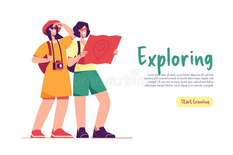 Two Women Friends Travelers with Backpacks Looking at the Map. Vector ...